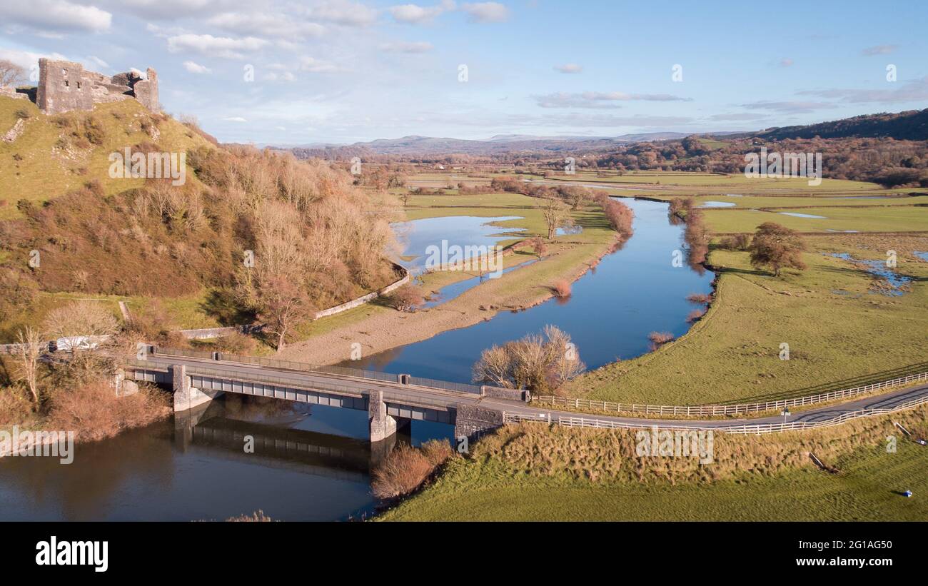 Aerial view of River Towy and Dryslwyn Castle, Carmarthenshire, Wales ...