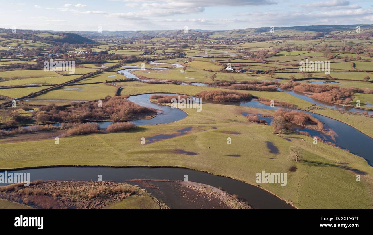 Aerial view of River Towy near Dryslwyn, Carmarthenshire, Wales, UK ...