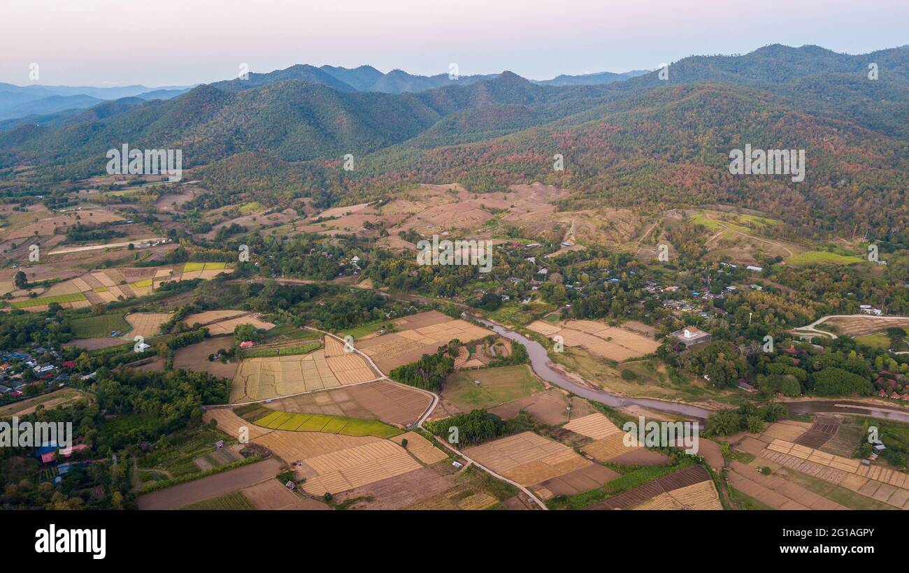 Aerial view Pai city. Pai is a small town in northern Thailand's Mae ...
