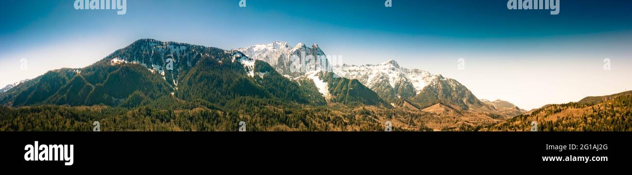 Aerial panorama image by drone of the Cascade mountains in Washington ...