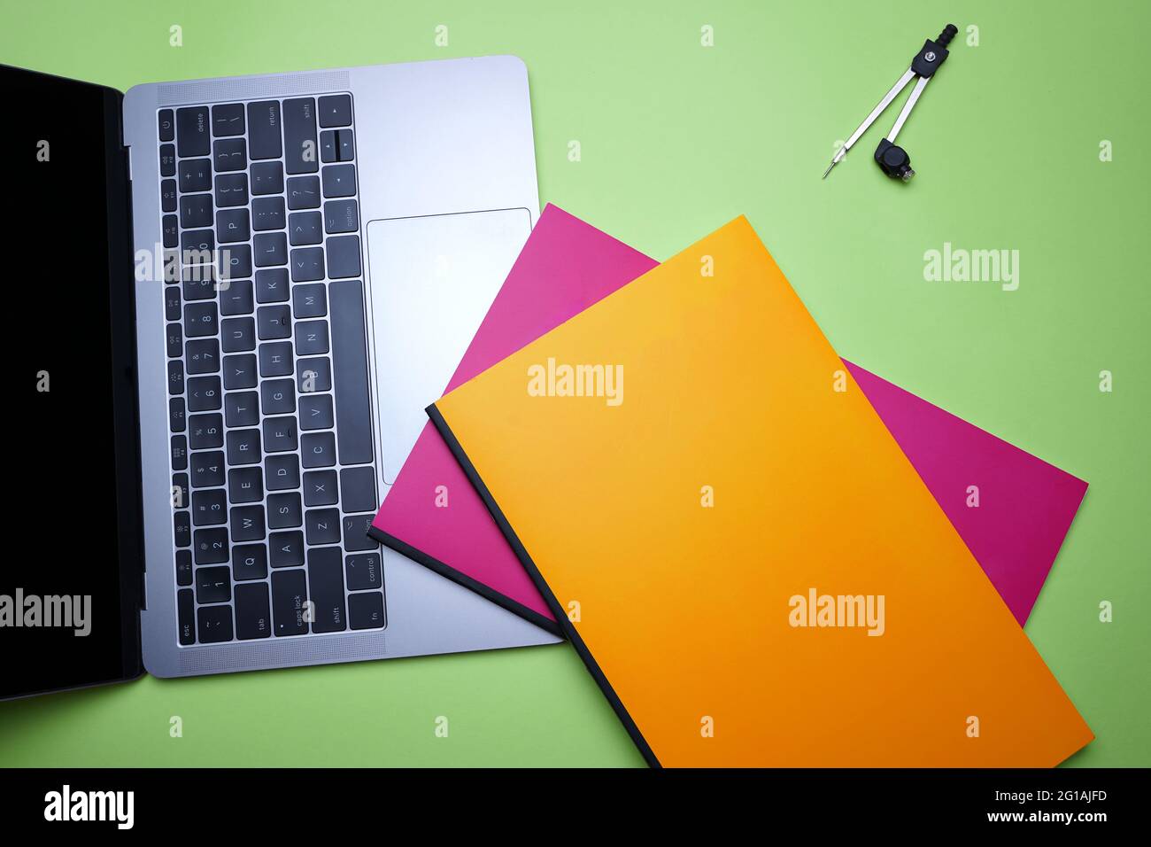Creative Office table top, flat lay. Laptop, compass and colorful ...