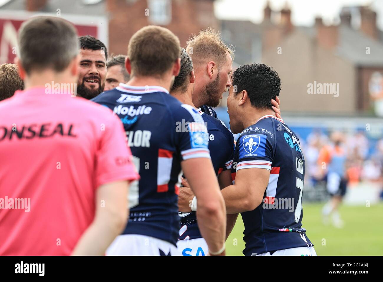 Joe Westerman (13) of Wakefield Trinity celebrates his his 100th career ...