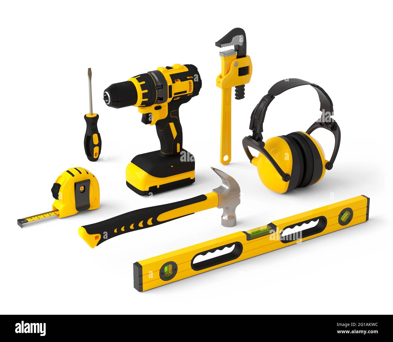 Isometric view of yellow construction tools for repair on white Stock ...
