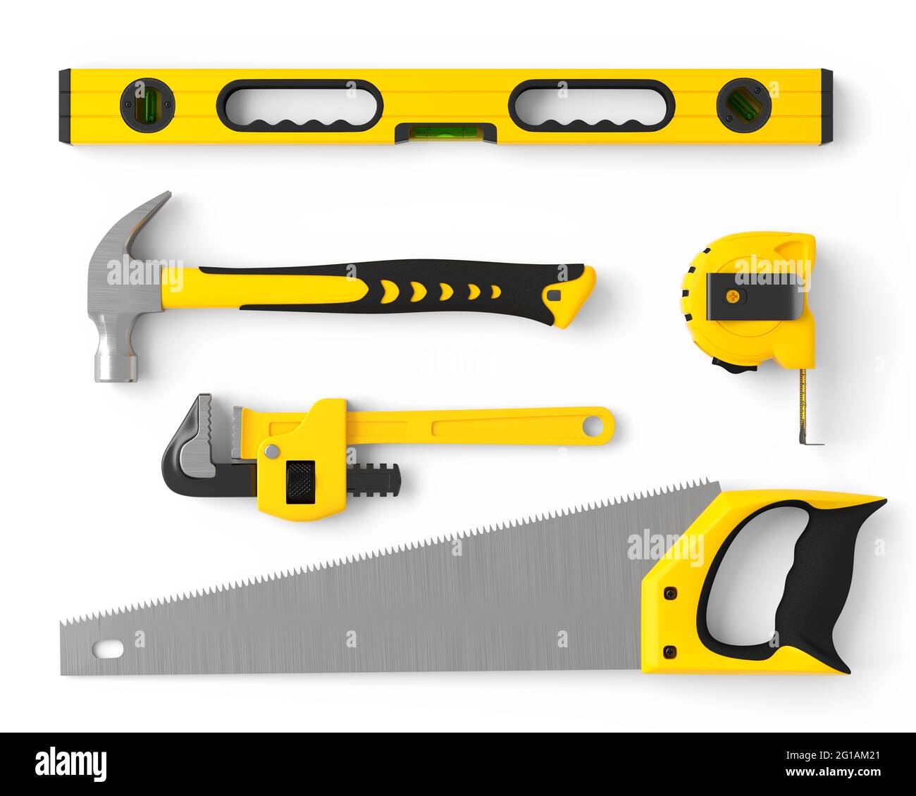 Top view of yellow construction tools for repair and installation on ...