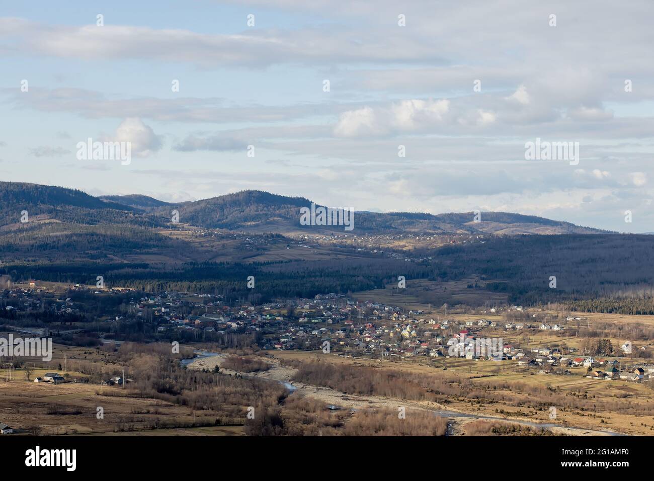 Idyllic rural view of gently rolling patchwork farmland and villages ...
