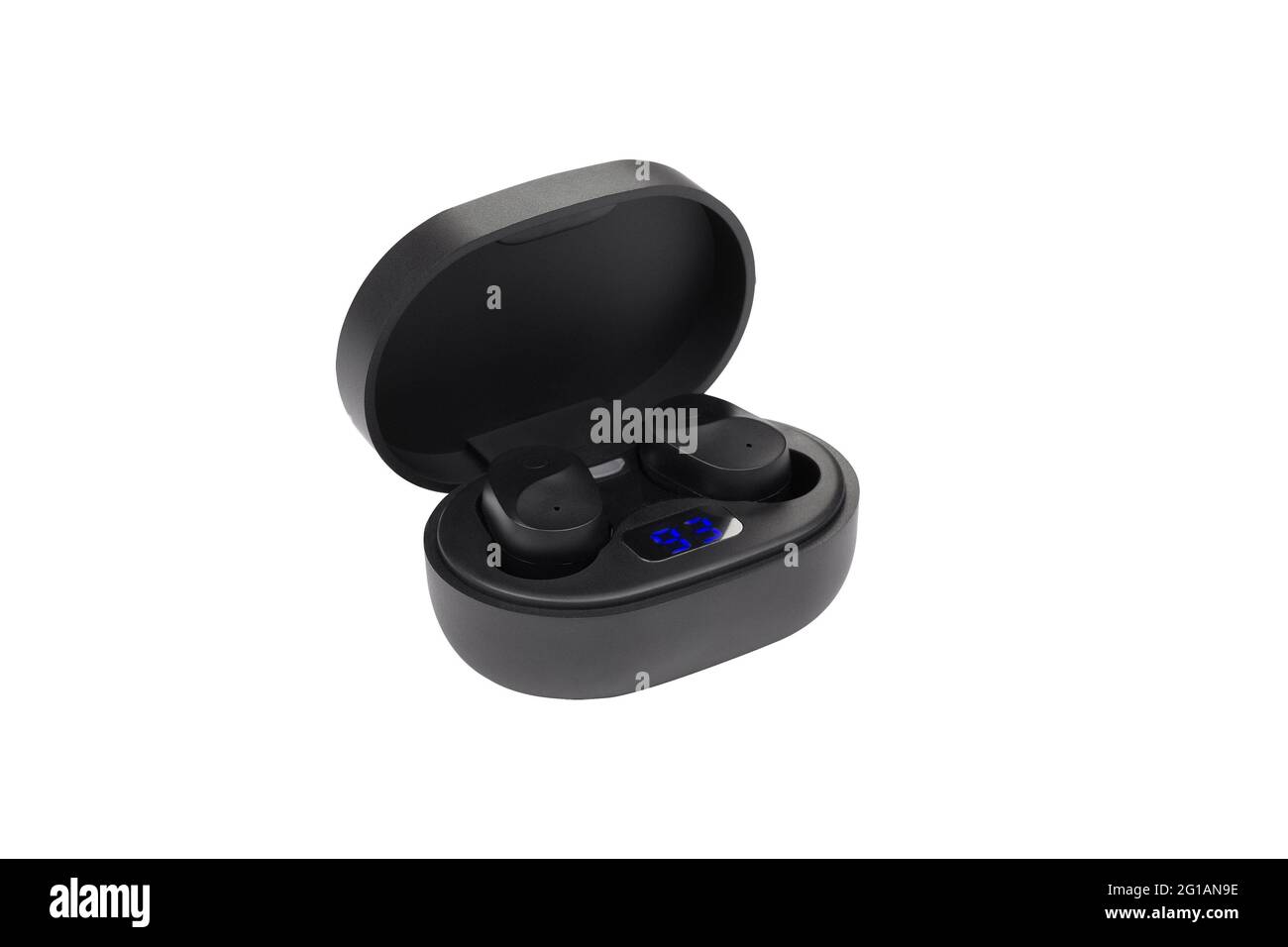 Wireless earbuds headphones black color lying. Black earpieces isolated ...