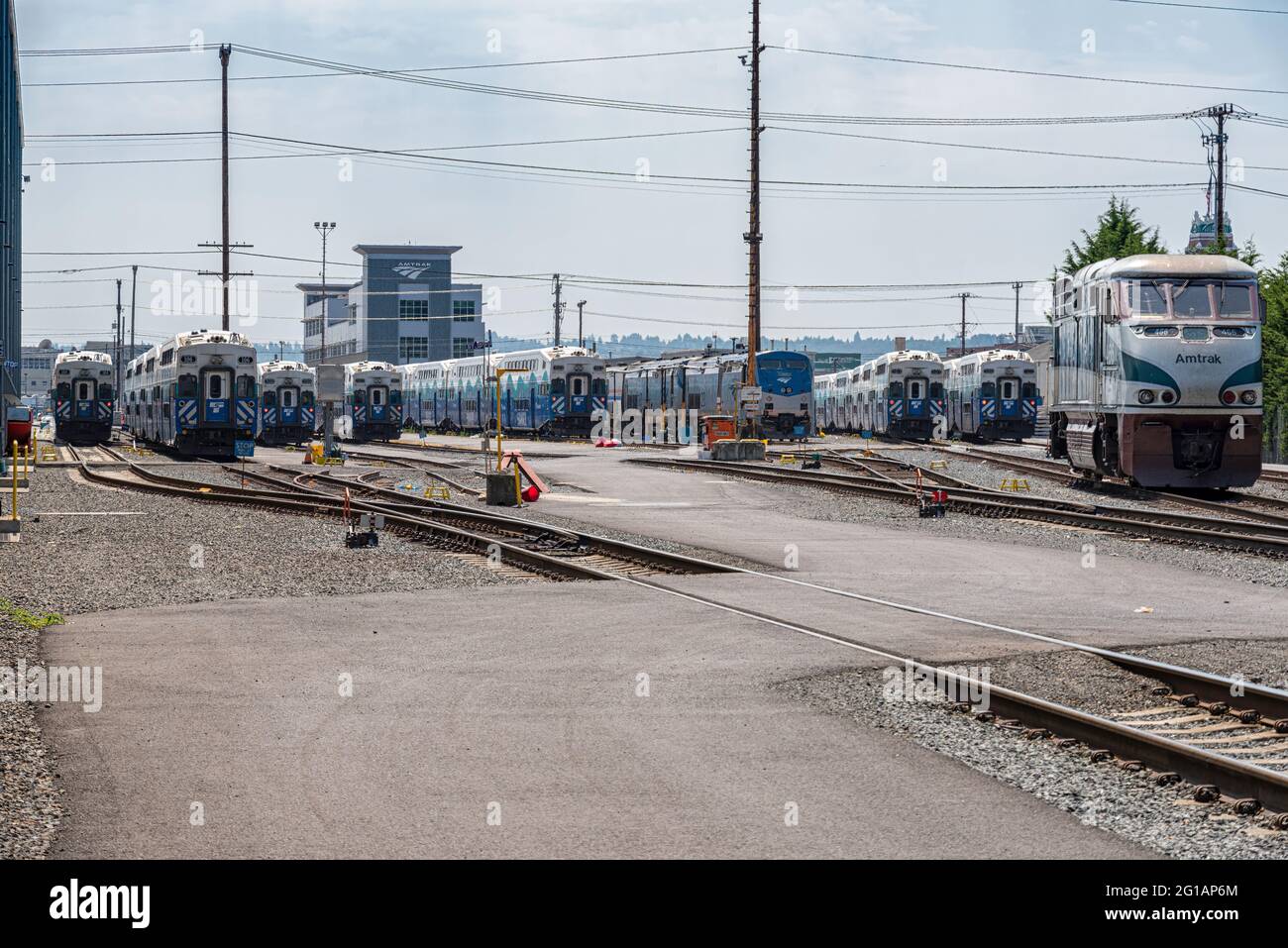 Sound Transit commuter trains and and Amtrak passenger train at the ...