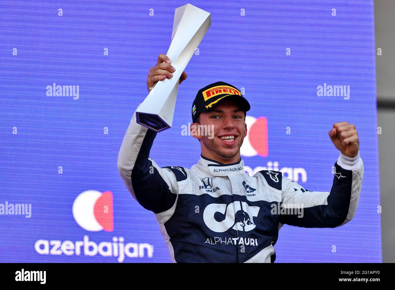 Pierre Gasly (FRA) AlphaTauri celebrates his third position on the ...