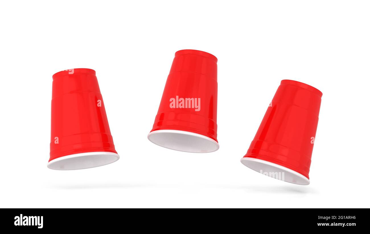 Shell game. Three red plastic cups. 3d illustration isolated on white ...