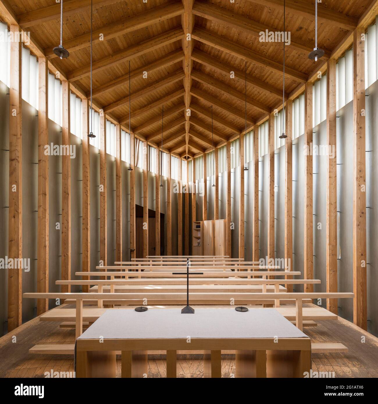 A vertical shot of a church auditorium with wooden design of walls and ceiling Stock Photo - Alamy