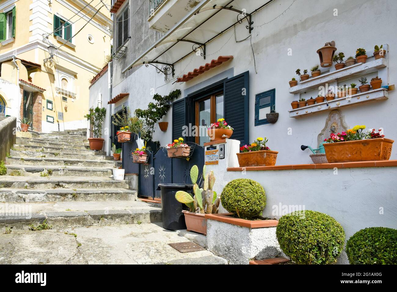 A narrow street in Albori, a village on the Amalfi coast in Italy Stock ...