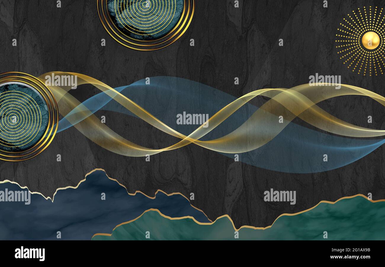 3d illustration modern mural art wallpaper . golden wavy lines and ...