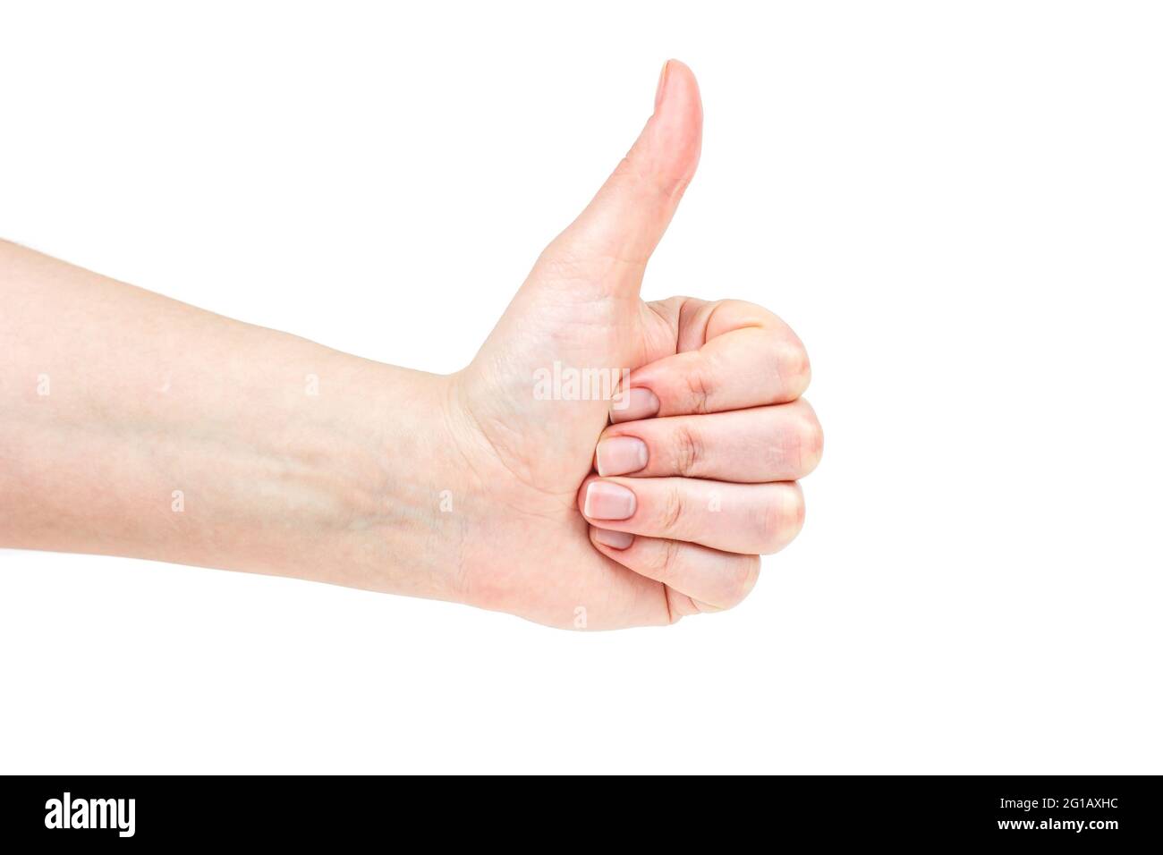 Caucasian woman hand with thumb up gesture sign showing ok isolated on ...