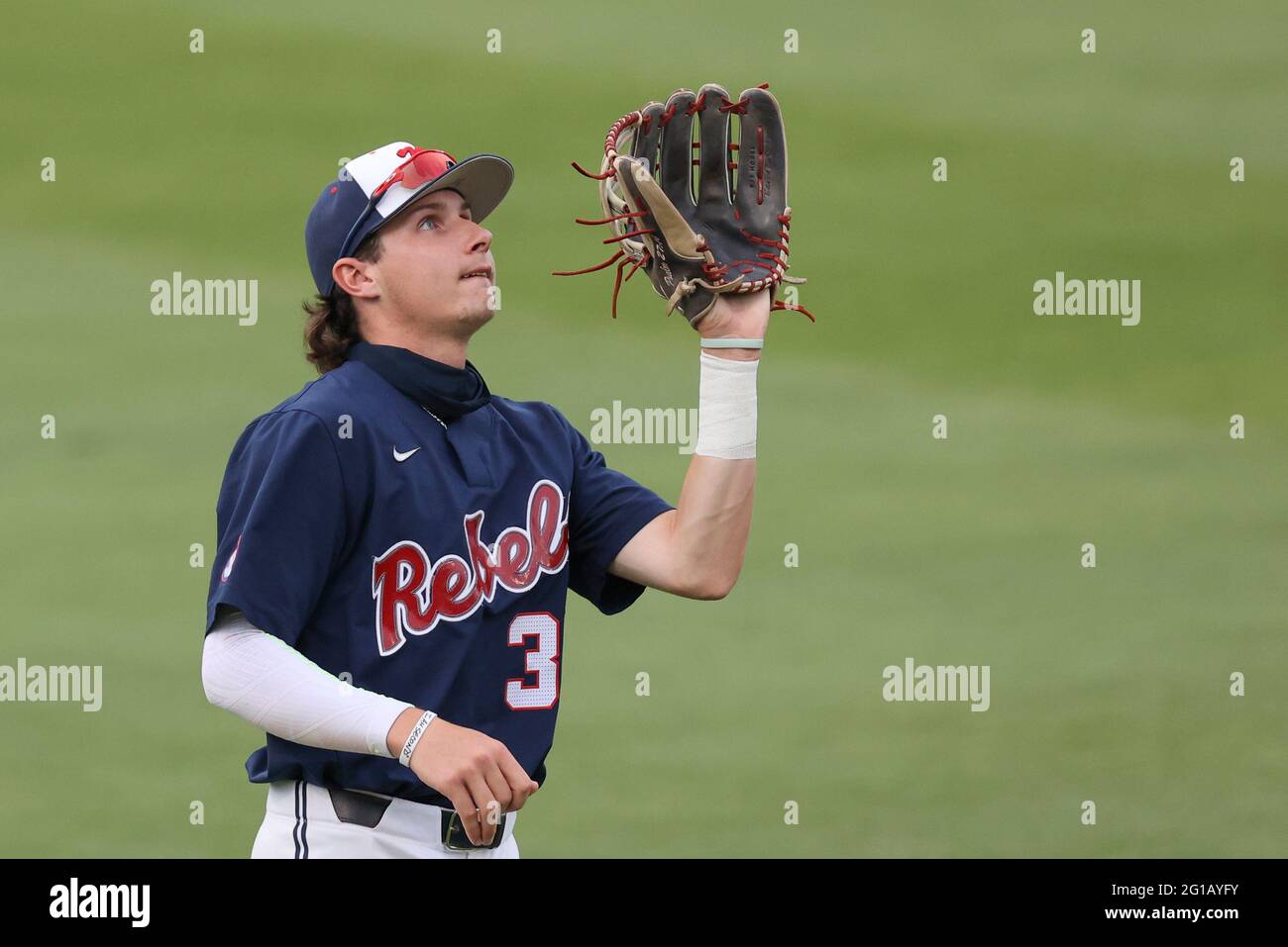 Oxford, MS, USA. 04th June, 2021. Ole Miss outfielder Hudson Sapp (3 ...
