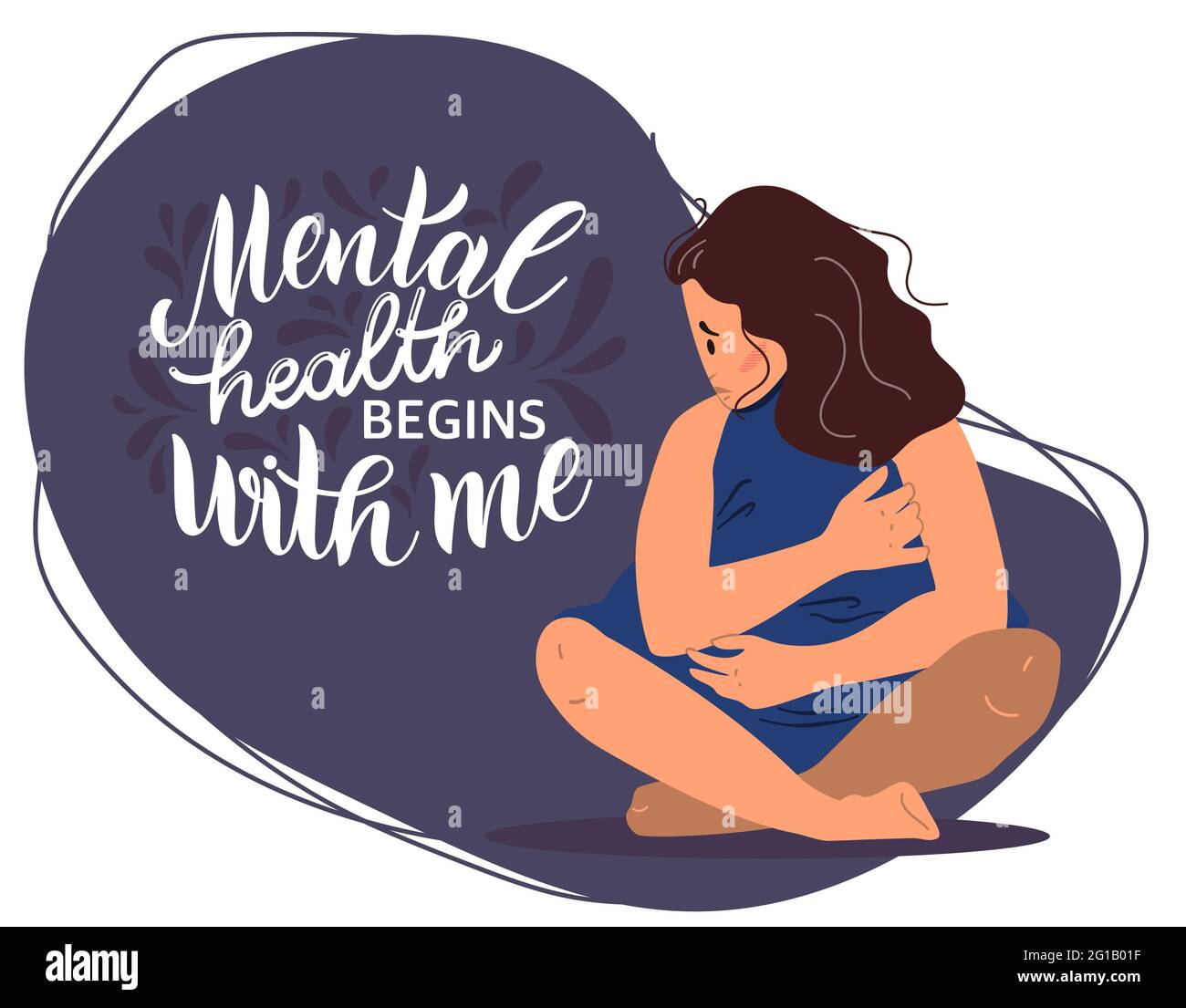 Mental health concept. Sad woman with depression sitting on the floor ...