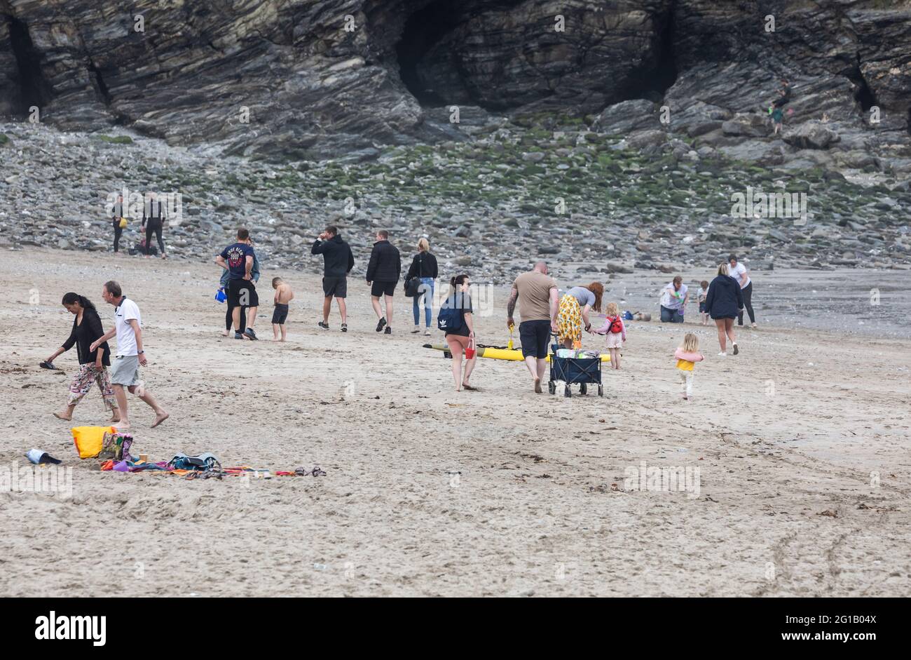 People on the beach in Portreath, Cornwall,UK Stock Photo - Alamy
