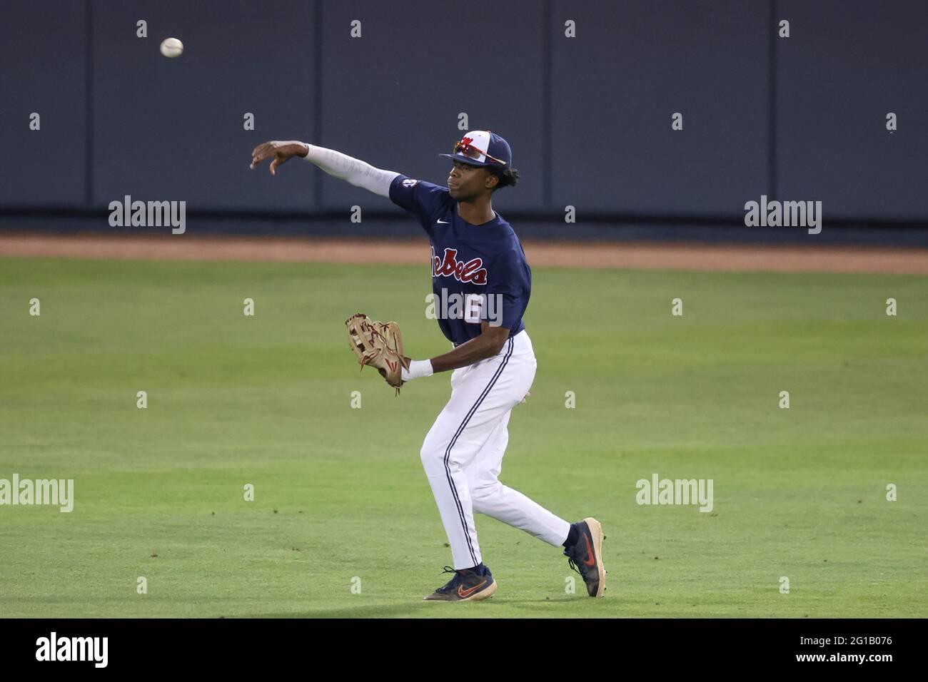 June 04, 2021: Ole Miss outfielder Cade Sammons (6) fields a fly ball ...
