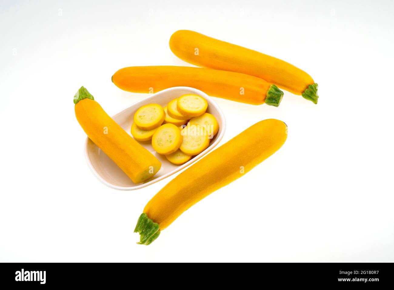 Closeup top view of ripe Yellow Zucchini,Courgette four full fruits and ...