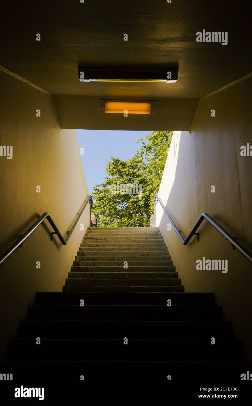 A low angle shot of underground stairs leading to a street Stock Photo ...