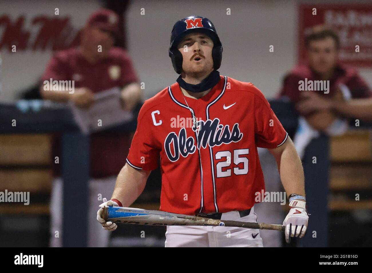June 05, 2021: Ole Miss infielder Tim Elko (25) prepares to step into ...