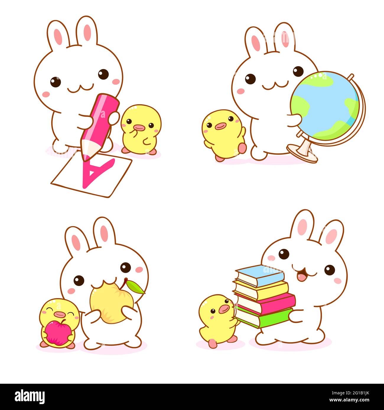 Back to school. Set of kawaii bunny and duckling. Cute little duck and ...