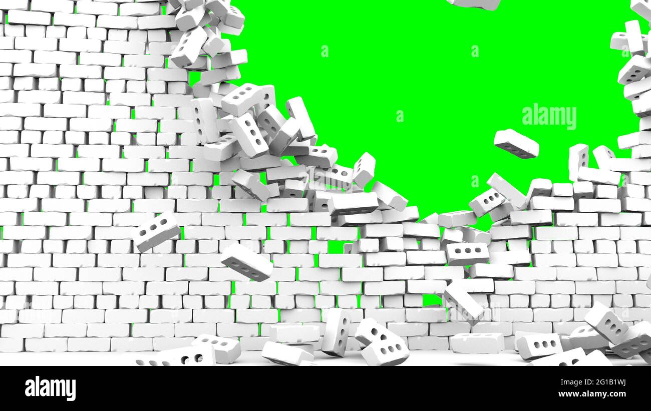 White brick wall destroy on green screen 3d render Stock Photo - Alamy