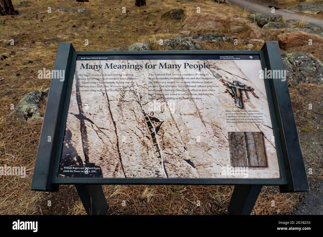 Interpretive sign about the meaning of Devils Tower to American Indians ...