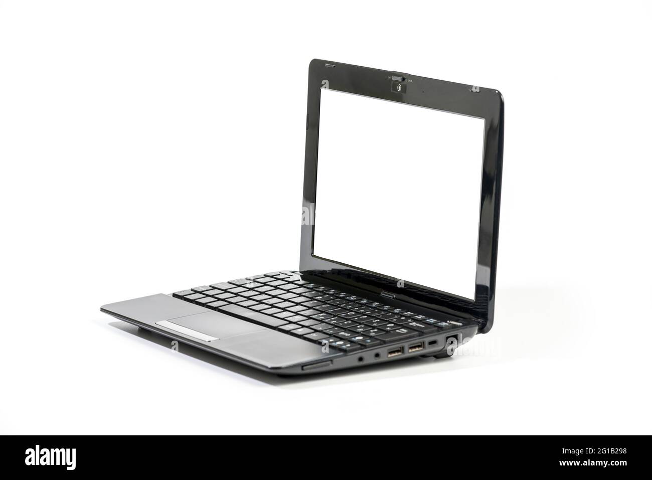 Small ten inch Laptop isolated on white background - Side view with ...