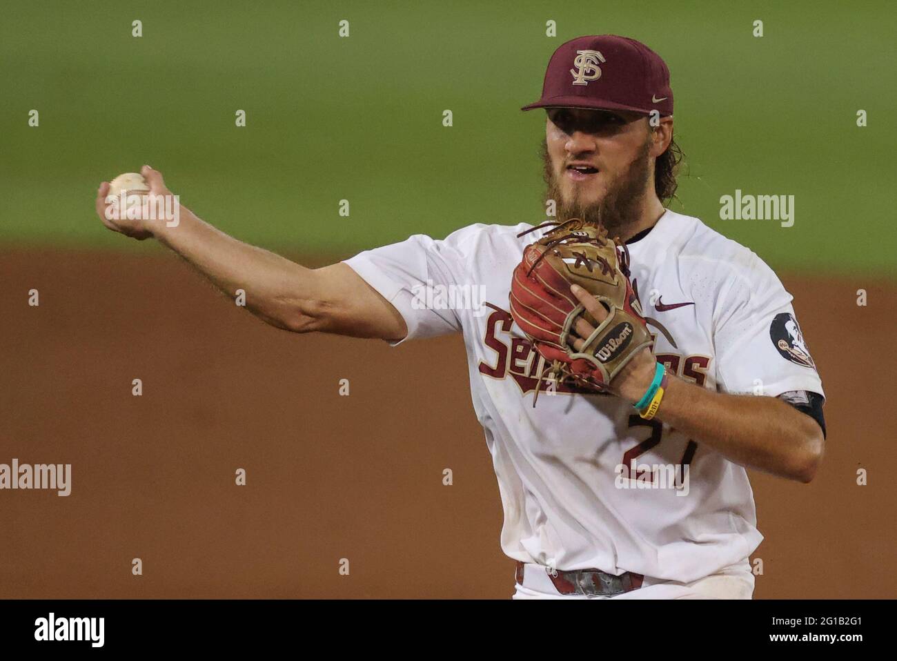 June 05, 2021: Florida State infielder Jackson Greene (27) throws to ...