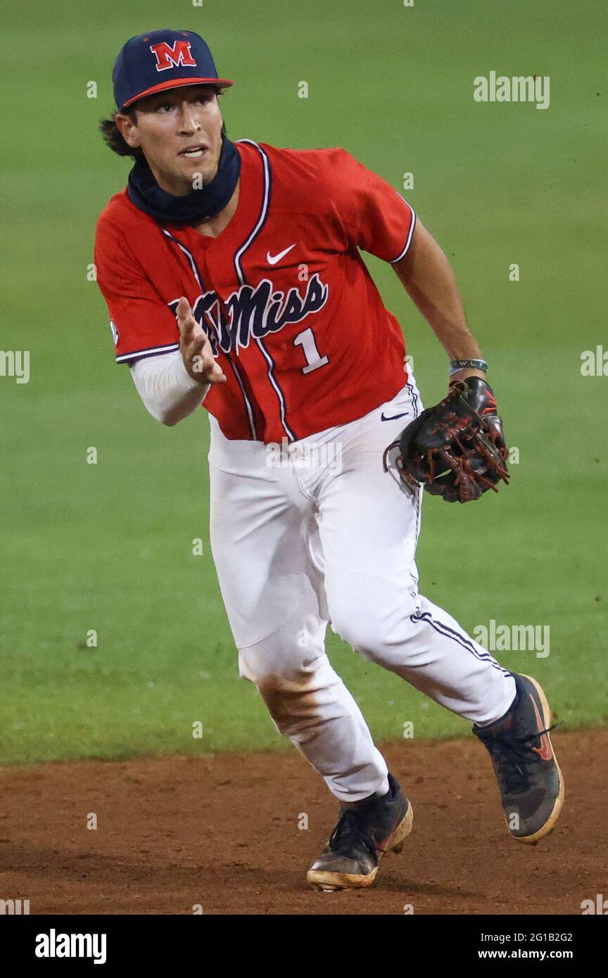 June 05, 2021: Ole Miss infielder Peyton Chatagnier (1) hustles to back ...