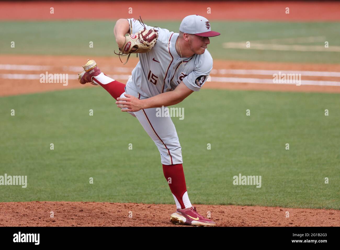 June 04, 2021: Florida State pitcher Parker Messick (15) launches a ...