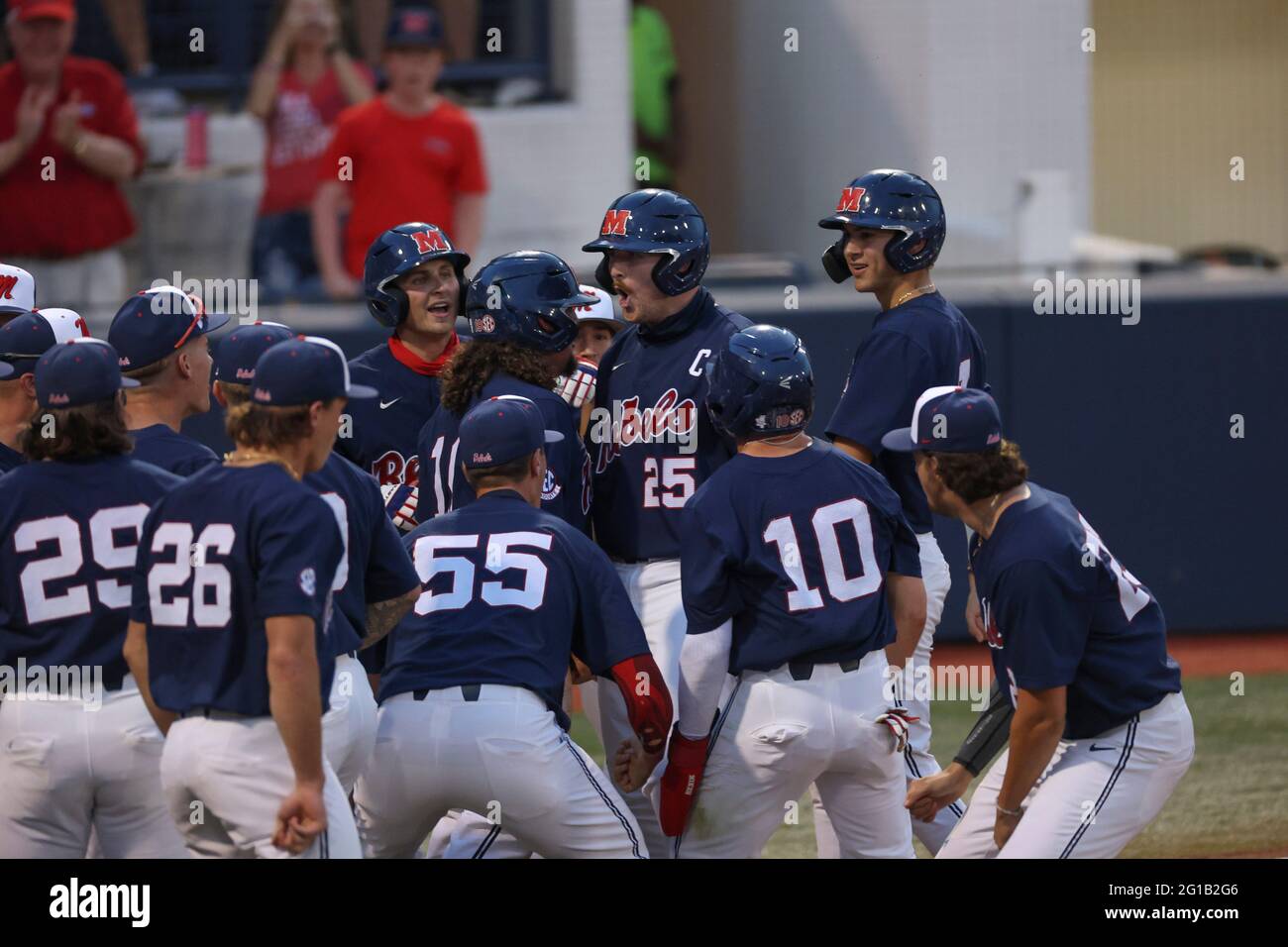 June 04, 2021: Ole Miss infielder Tim Elko (25) celebrates his grand ...
