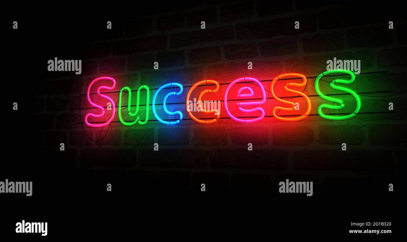 Success symbol neon symbol. Light color bulbs with retro nightlife city ...