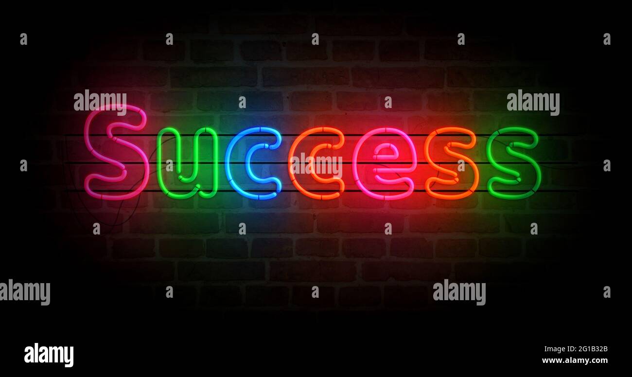 Success symbol neon symbol. Light color bulbs with retro nightlife city ...