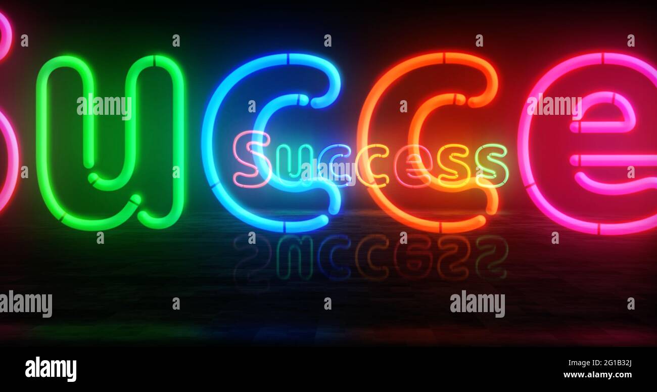 Success symbol neon symbol. Light color bulbs with retro nightlife city ...