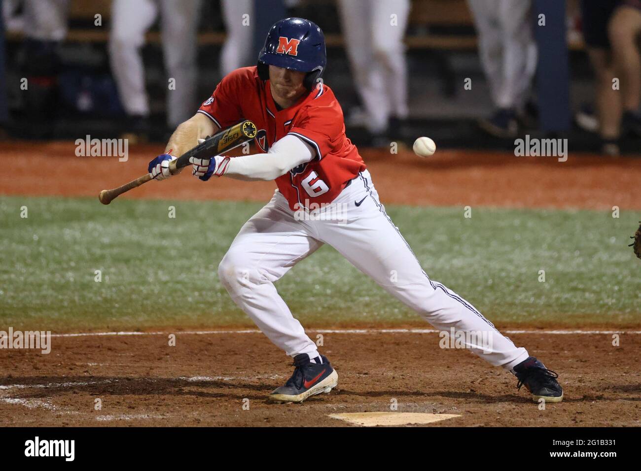 June 05, 2021: Ole Miss outfielder Cade Sammons (6) bunts during an ...