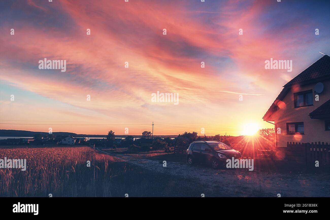 Dramatic panoramic cloudy sky with shrill colors in a hopeful afterlife ...