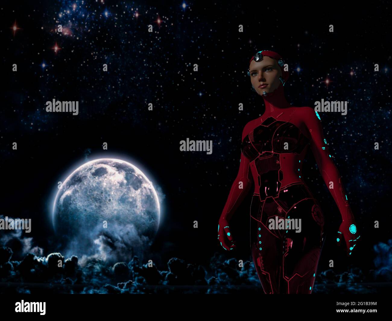 Cyborg with the face of a real young woman under the moonlight ...