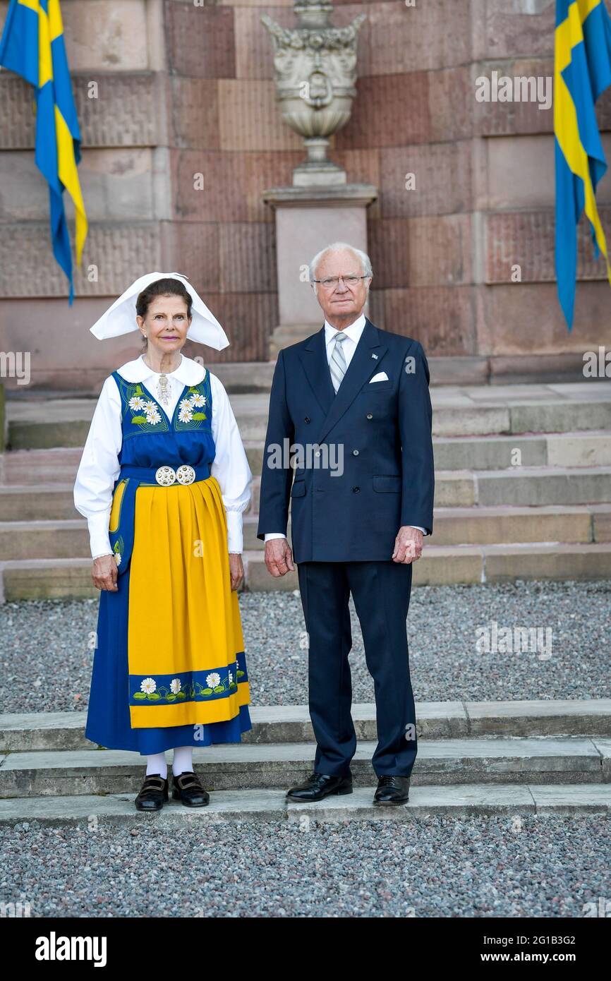 STOCKHOLM 20210606 Sweden's Queen Silvia, wearing a national dress, and ...