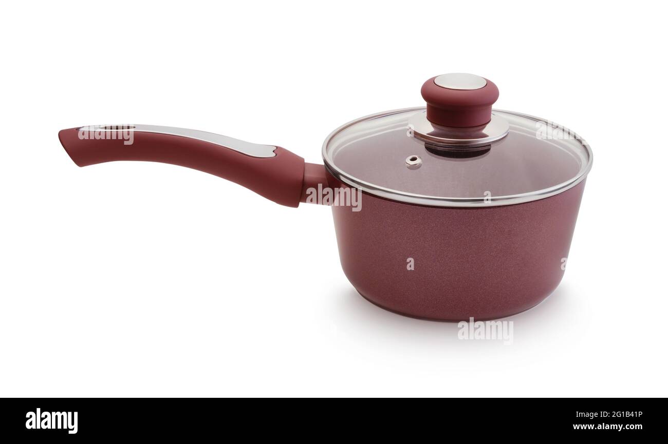 New closed red metal pot with handle isolated on white Stock Photo - Alamy
