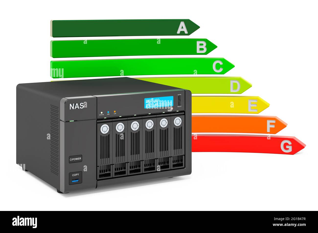 NAS with energy efficiency chart, 3D rendering isolated on white ...