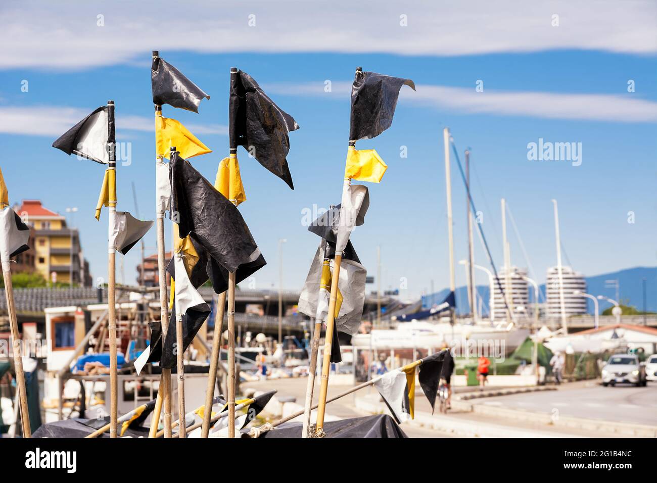 Port area of Pescara with the flags of the fishermen's buoys and in the ...