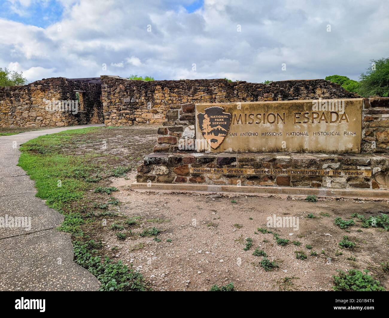 Mission Espada entrance with National Park sign Stock Photo - Alamy