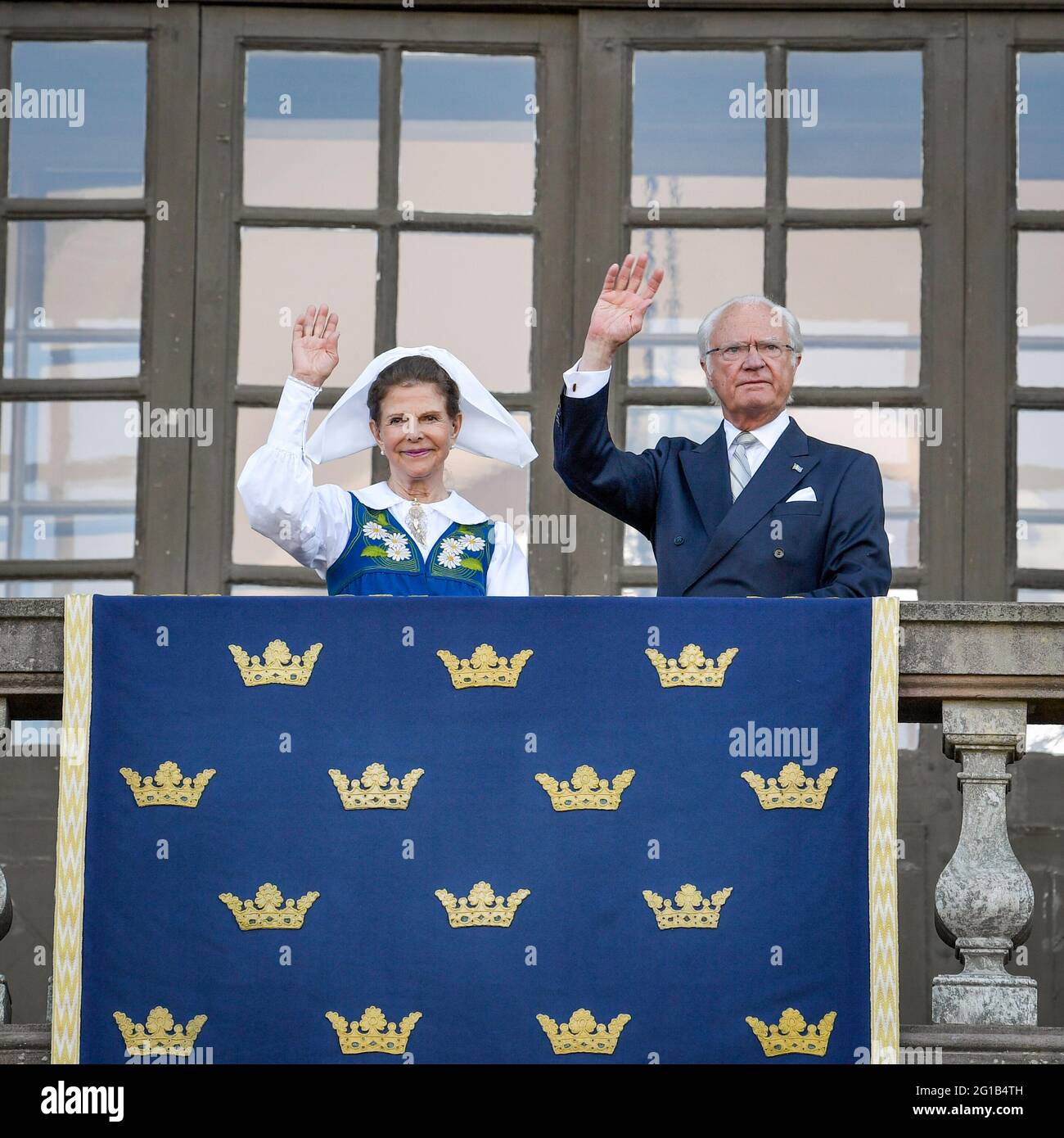 STOCKHOLM 20210606 Sweden's Queen Silvia, wearing a national dress, and ...
