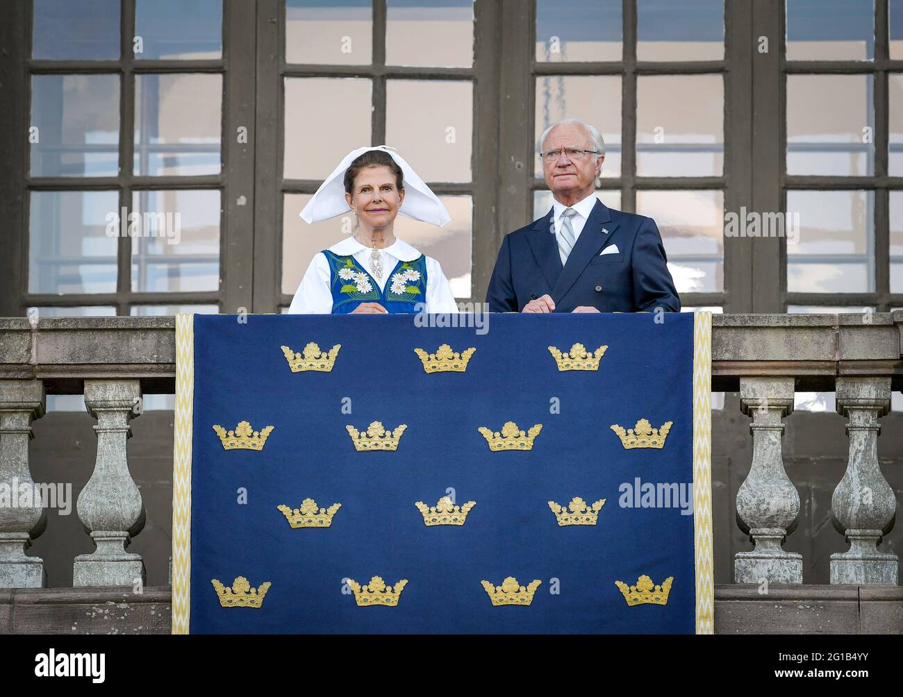STOCKHOLM 20210606 Sweden's Queen Silvia, wearing a national dress, and ...