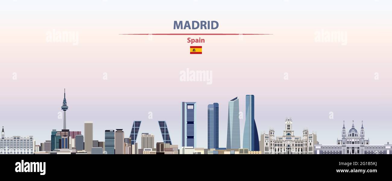 Madrid cityscape on sunset sky background vector illustration with ...