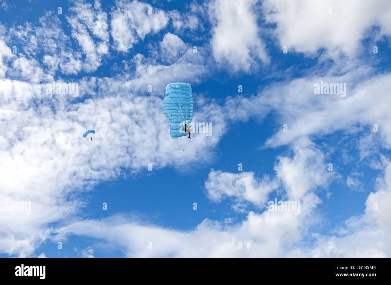 Parachute jumpers on a blue wing parachute on a blue sky background ...