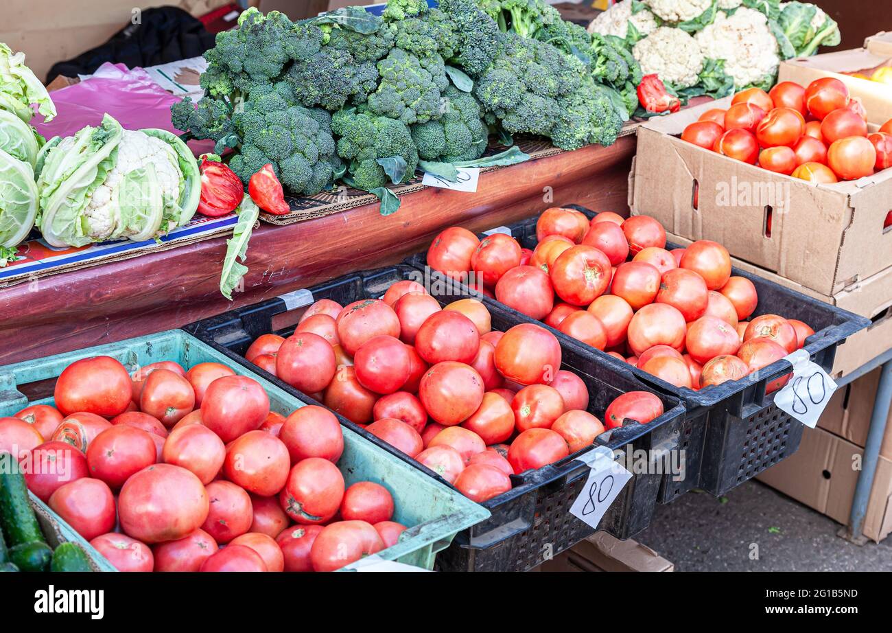 Various fresh organic vegetables selling at farmers market Stock Photo ...