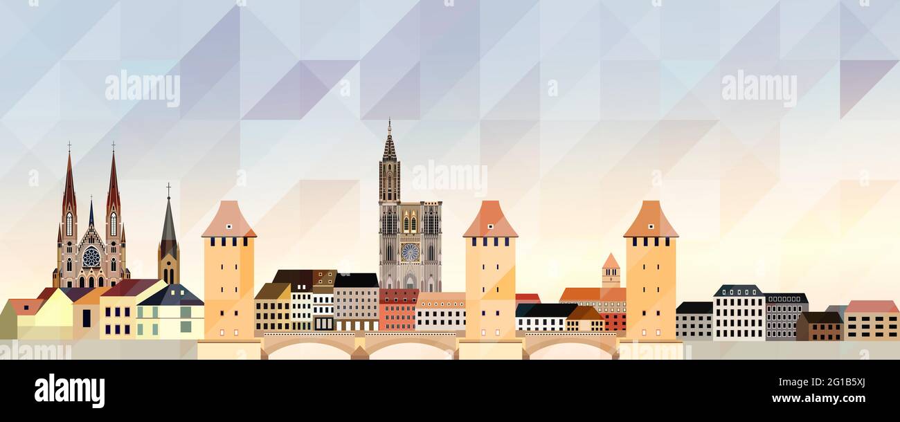 Strasbourg skyline vector colorful poster on beautiful triangular ...