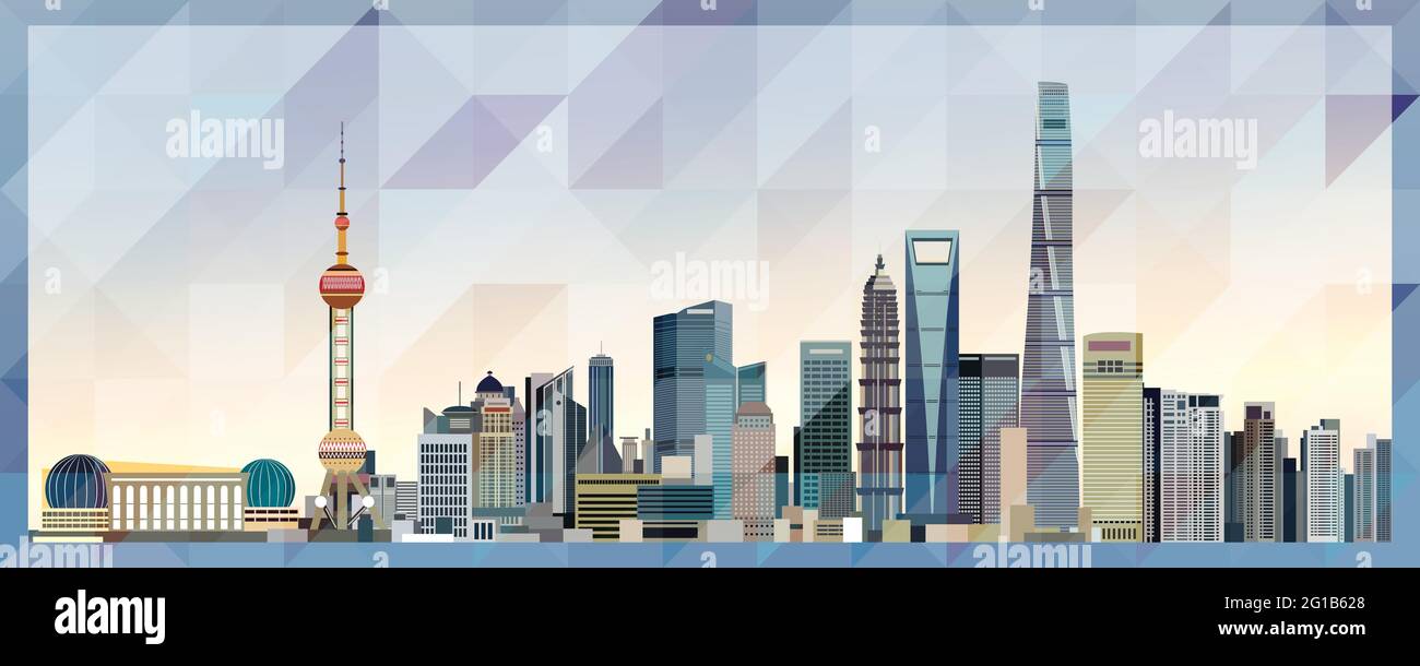 Shanghai skyline vector colorful poster on beautiful triangular texture ...
